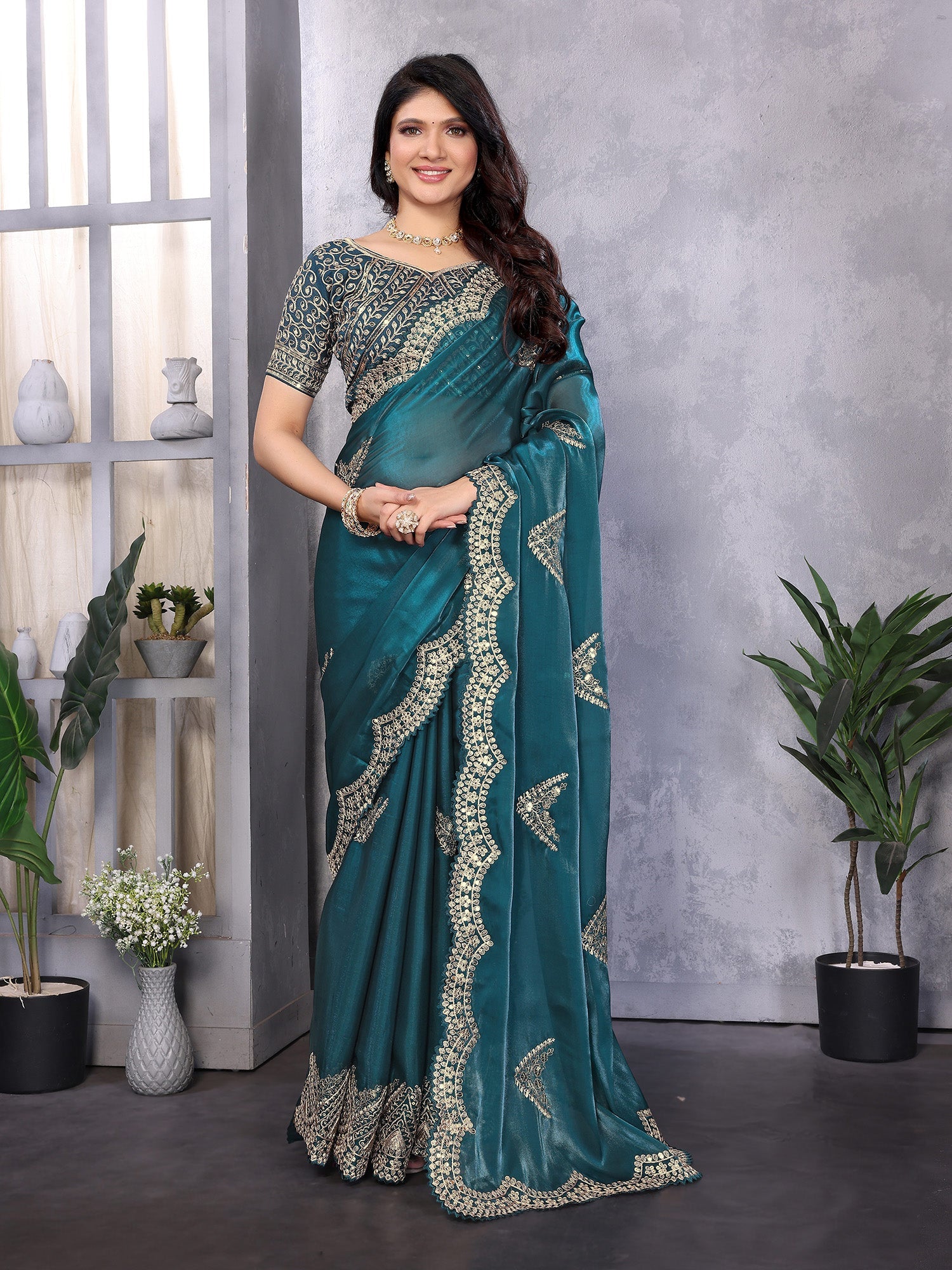 Elora Teal Chiffon Saree | Shimmer & Butta Embroidery for Festive Wear ...