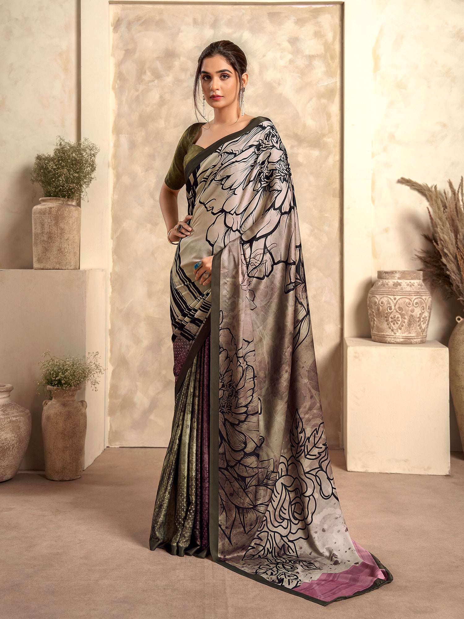 Elora Brown Printed Bollywood Satin Silk Saree – elorafashion