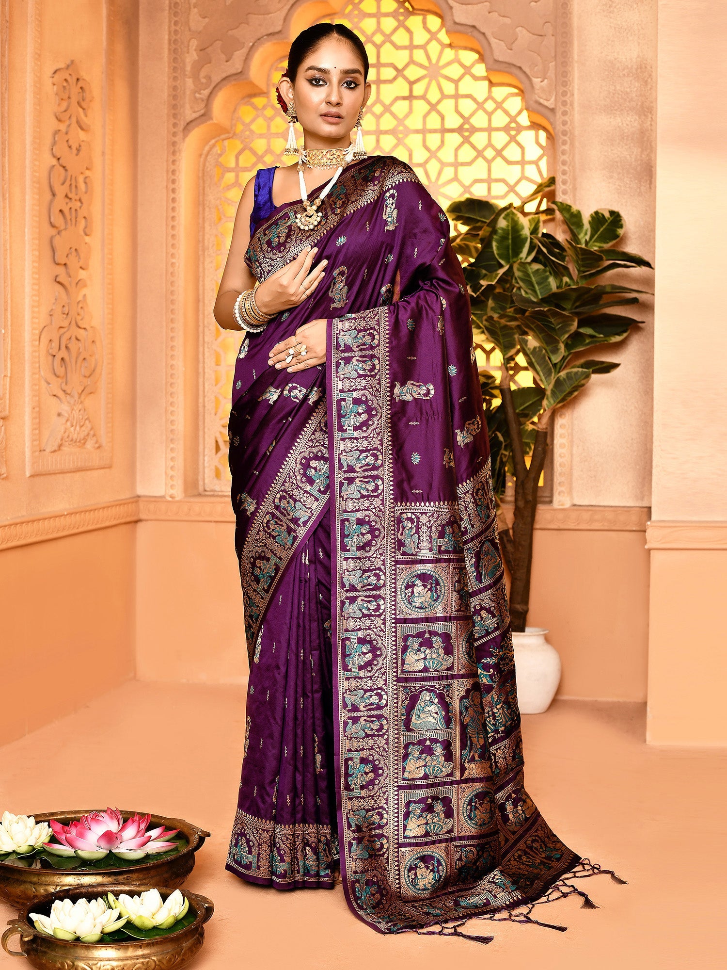 Pansy Purple Baluchari Saree | Pure Soft Silk Heritage Weave – elorafashion